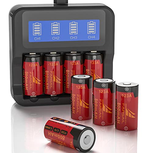 Arlo Rechargeable Batteries 123A Charger, FARSAIL 4-Pack 800mAH NiMH 123A Arlo Rechargeable Batteries for Arlo Camera VMS3130 VMC3030 VMK3200 VMS3330 3430 3530, Alarm System, Flasglight