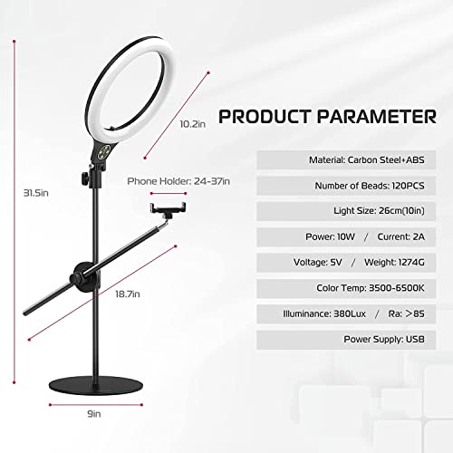 [Upgraded Base] ULANZI Overhead Phone Mount with 10" Selfie Ring Light, Tabletop Light Stand with 360° Shooting Arm, 3500k-6500K Dimmable Ring Light for Video Recording, Live Stream, Portrait & Makeup