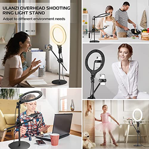 [Upgraded Base] ULANZI Overhead Phone Mount with 10" Selfie Ring Light, Tabletop Light Stand with 360° Shooting Arm, 3500k-6500K Dimmable Ring Light for Video Recording, Live Stream, Portrait & Makeup