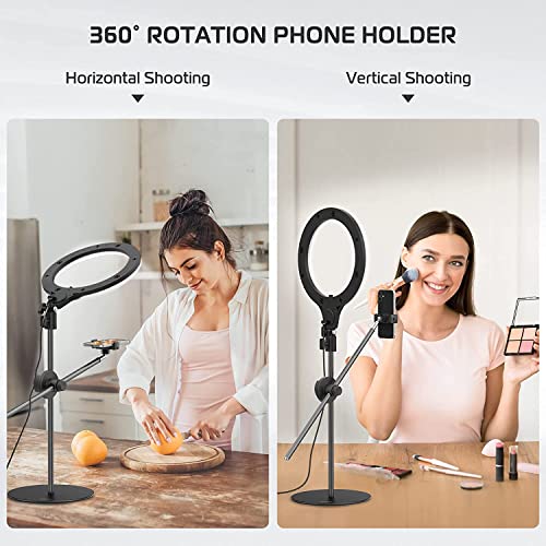 [Upgraded Base] ULANZI Overhead Phone Mount with 10" Selfie Ring Light, Tabletop Light Stand with 360° Shooting Arm, 3500k-6500K Dimmable Ring Light for Video Recording, Live Stream, Portrait & Makeup