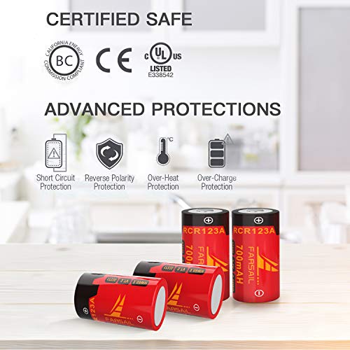 Arlo Rechargeable Batteries 123A Charger, FARSAIL 4-Pack 800mAH NiMH 123A Arlo Rechargeable Batteries for Arlo Camera VMS3130 VMC3030 VMK3200 VMS3330 3430 3530, Alarm System, Flasglight