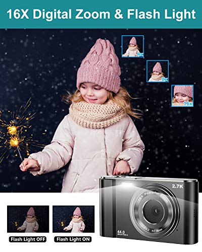 Digital Camera 2.7K Ultra HD Mini Camera 44MP 2.8 Inch LCD Screen Rechargeable Students Compact Camera Pocket Camera with 16X Digital Zoom YouTube Vlogging Camera for Kids,Adult,Beginners(Black)