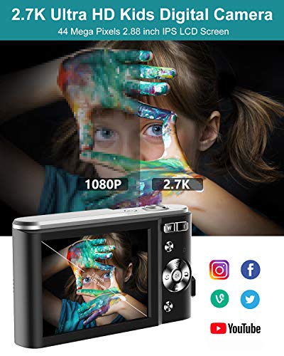 Digital Camera 2.7K Ultra HD Mini Camera 44MP 2.8 Inch LCD Screen Rechargeable Students Compact Camera Pocket Camera with 16X Digital Zoom YouTube Vlogging Camera for Kids,Adult,Beginners(Black)