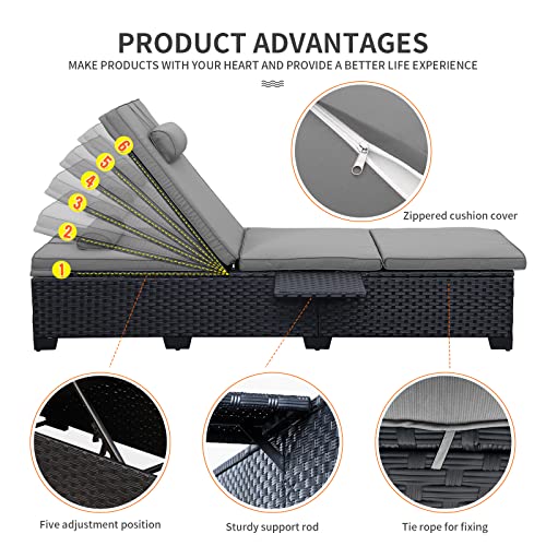 Outdoor PE Wicker Chaise Lounge for Outside - 2 Piece Patio Furniture Set Black Rattan Reclining Chair Beach Pool Adjustable Backrest Sunbathing Recliners with Gray Cushions