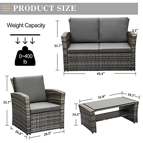 Vakollia 4 Piece Outdoor Patio Furniture Sets, Wicker Rattan Conversation Sofa Set with Table & Chair for Backyard Balcony Garden Poolside Porch (Grey-Dark Grey)
