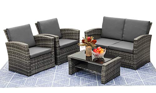 Vakollia 4 Piece Outdoor Patio Furniture Sets, Wicker Rattan Conversation Sofa Set with Table & Chair for Backyard Balcony Garden Poolside Porch (Grey-Dark Grey)