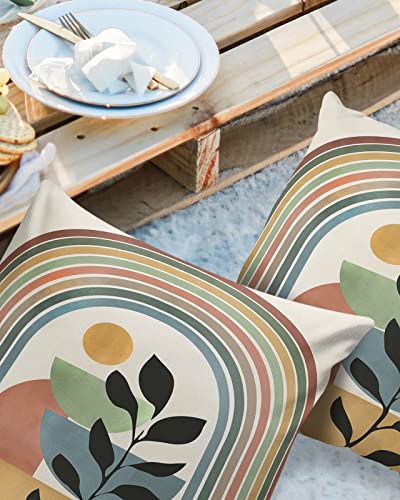 Outdoor Pillow Covers Waterproof, Boho Geometry Throw Pillowcase Decorative Cover, Rainbow Striped Middle Century Northern Europe Garden Cushion Case Set of 2 for Sofa, Couch, Tent, Patio 16"x16"