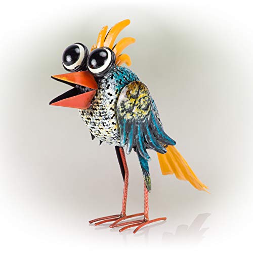 Alpine Corporation JUM450HH Alpine 11" Tall Metal Wide-Eyed Bird Standing Yard Statue Decoration, Multicolor Outdoor DĂŠcor