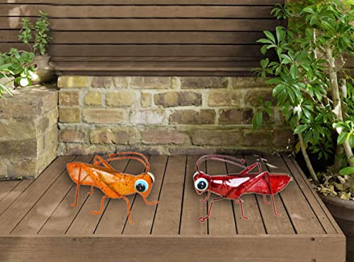 ShabbyDecor Metal Grasshopper Figurine Yard Art Locust Lawn Ornament Mantis Hanging Wall Sculpture Decoration Set of 2,Red&Yellow
