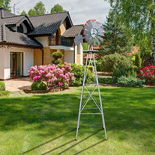 VINGLI Upgrade 8FT Ornamental Windmill Backyard Garden Decoration Weather Vane, Heavy Duty Metal Wind Mill w/ 4 Legs Design, Grey