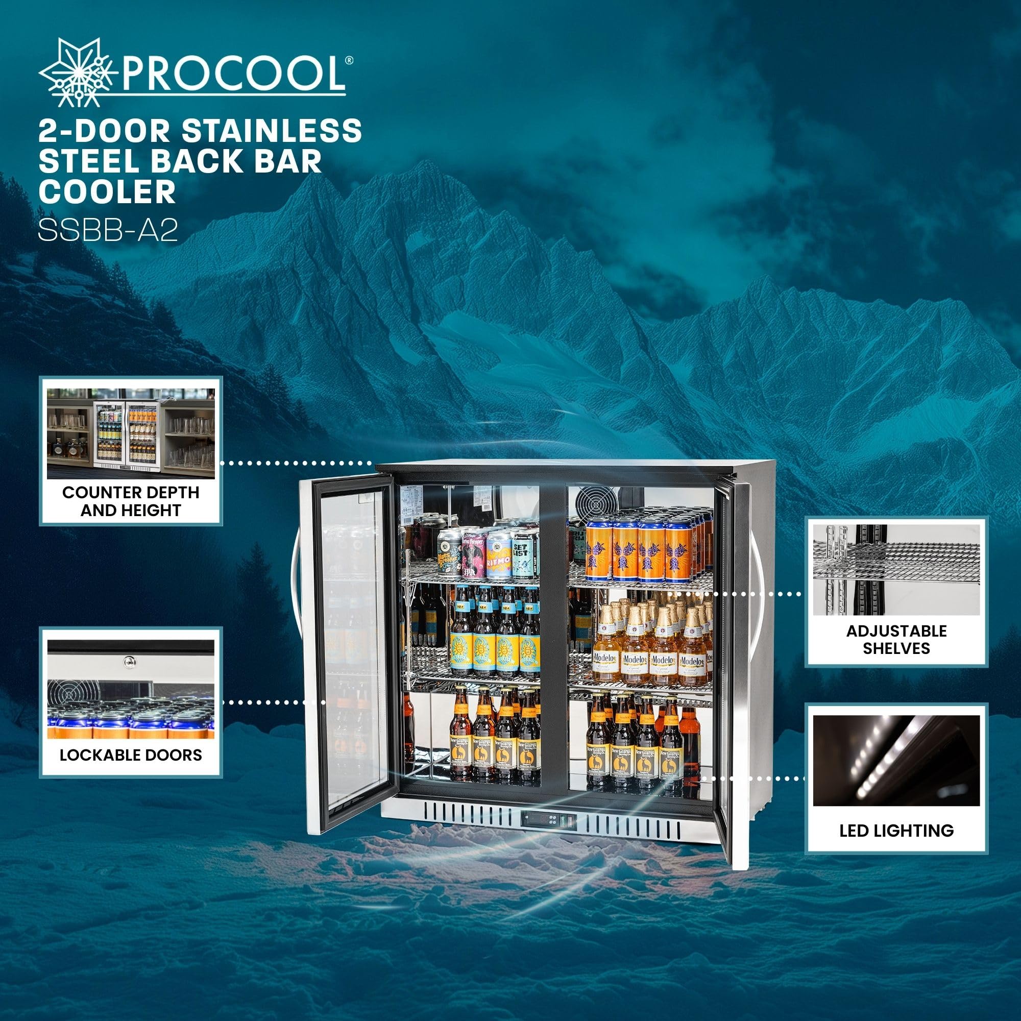 New Procool Refrigeration 2-door Glass Front Stainless Steel Back Bar Cooler; 36" Wide, Counter Height Refrigerator