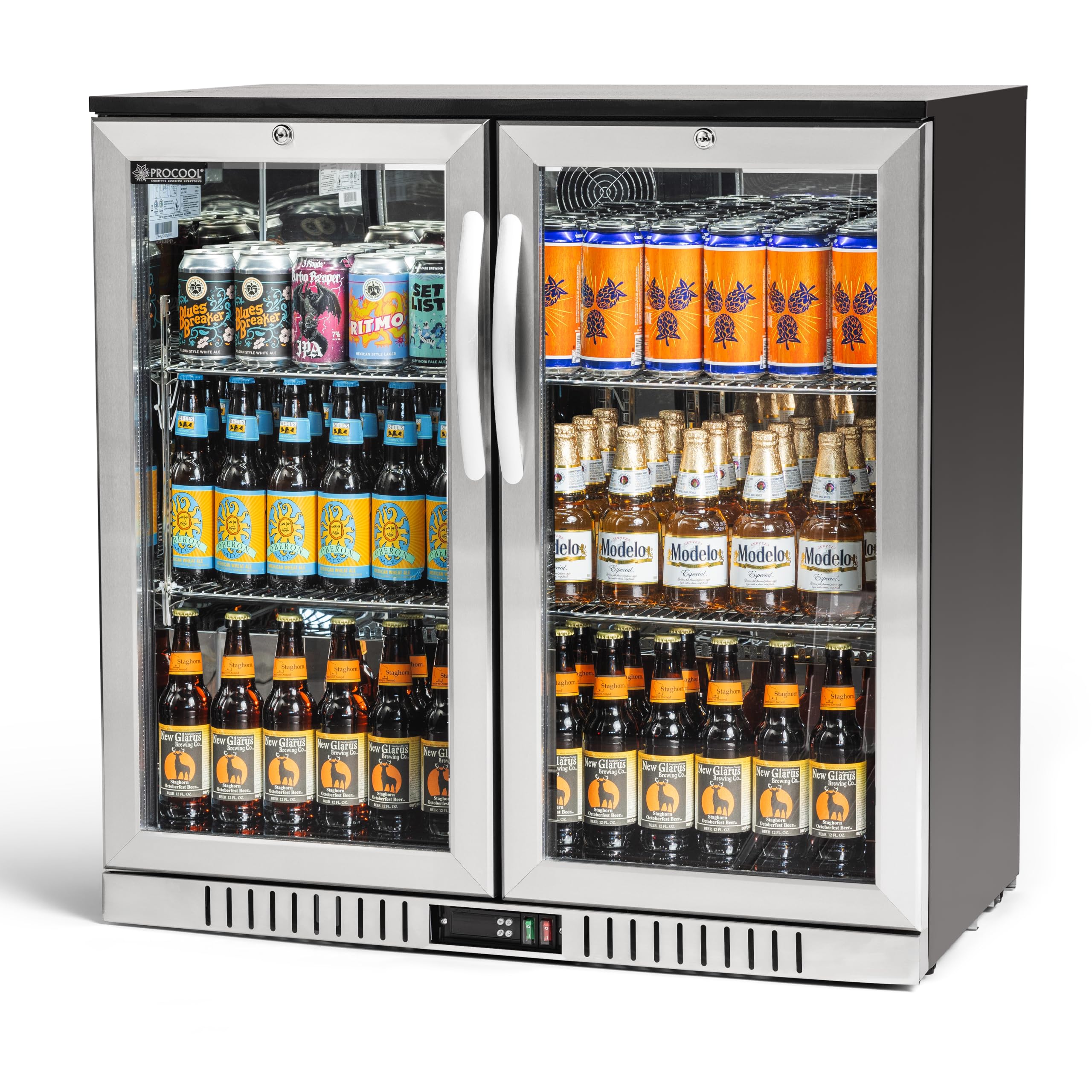 New Procool Refrigeration 2-door Glass Front Stainless Steel Back Bar Cooler; 36" Wide, Counter Height Refrigerator