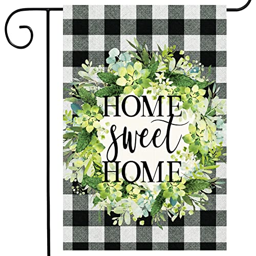 wondever Home Sweet Home Wreath Garden Flag 12×18 Double Sided Vertical Black and White Buffalo Check Plaid Burlap Watercolor Green Leaves Yard Flags for Farmhouse Yard Holiday Outdoor Flags Decor