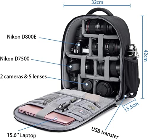 CADeN Camera Backpack Professional DSLR Bag with USB Charging Port Rain Cover, Photography Laptop Backpack for Women Men Waterproof, Camera Case Compatible for Sony Canon Nikon Lens Tripod Accessories
