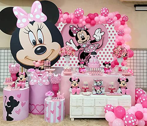 Pink Mouse Baby Shower Backdrop 7x5ft White Background Happy Birthday Backdrop for Girls Birthday Themed Party Backgrounds