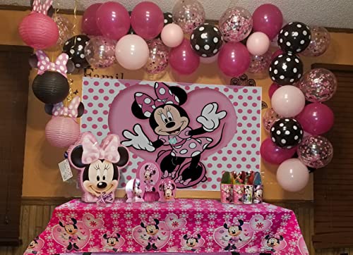 Pink Mouse Baby Shower Backdrop 7x5ft White Background Happy Birthday Backdrop for Girls Birthday Themed Party Backgrounds