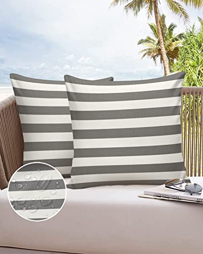 Outdoor Pillows 16x16 Waterproof Outdoor Pillow Covers,Grey Striped Horizontal Geometric Polyester Throw Pillow Covers Garden Cushion for Patio Couch Decoration Set of 2,Farmhouse Stripes Gray