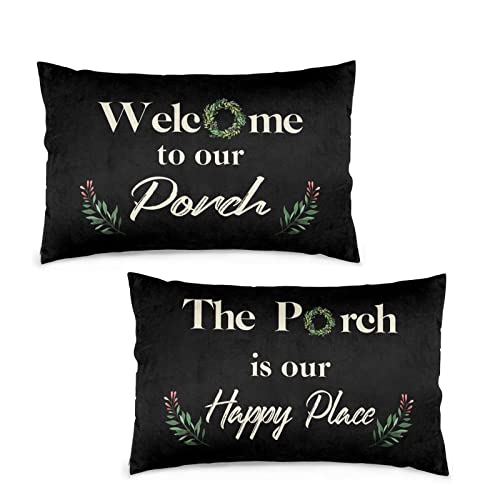 DZGlobal Porch Pillows Decorative Outdoor Pillows for Patio Furniture Cushions Covers Set of 2 Welcome Lumbar Pillow with Words 12x20 for Outside Chair Bench