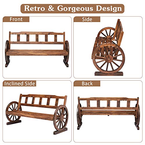 Kinsuite Fir Wooden Wagon Wheel Bench Rustic 2-Person Seat Bench with Backrest Outdoor Patio Furniture