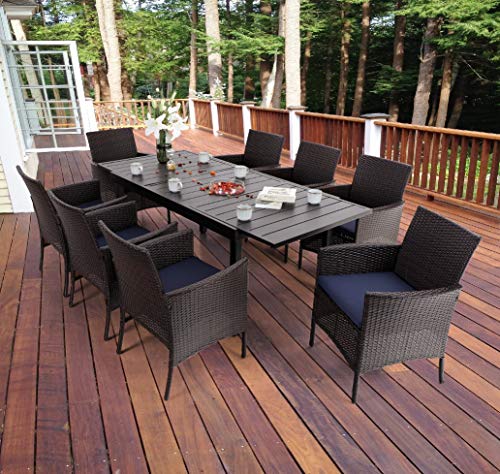 PHI VILLA 9 Piece Outdoor Dining Table Sets, Expandable Rectangular Metal Dining Table and 8 Rattan Chairs for Patio, Deck, Balcony
