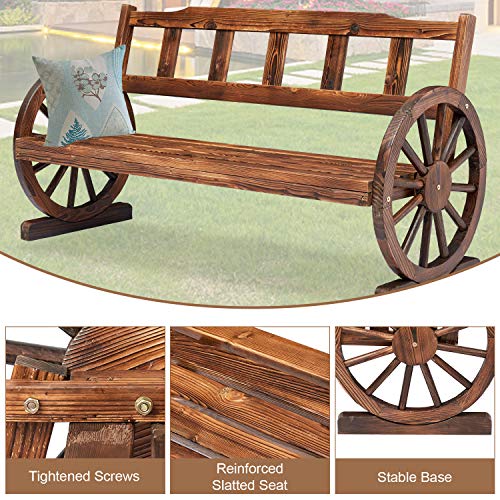 Kinsuite Fir Wooden Wagon Wheel Bench Rustic 2-Person Seat Bench with Backrest Outdoor Patio Furniture