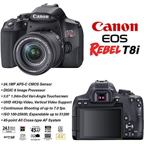 Camera EOS Rebel T8i DSLR Camera w/EF-S 18-55mm F/4-5.6 is STM Zoom Lens Bundle with Wide Angle + Telephoto Lens + 128GB Memory + Case + Tripod + 3 Pc Filter Kit + More