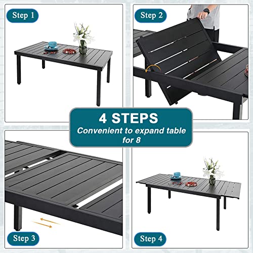 PHI VILLA 9 Piece Outdoor Dining Table Sets, Expandable Rectangular Metal Dining Table and 8 Rattan Chairs for Patio, Deck, Balcony