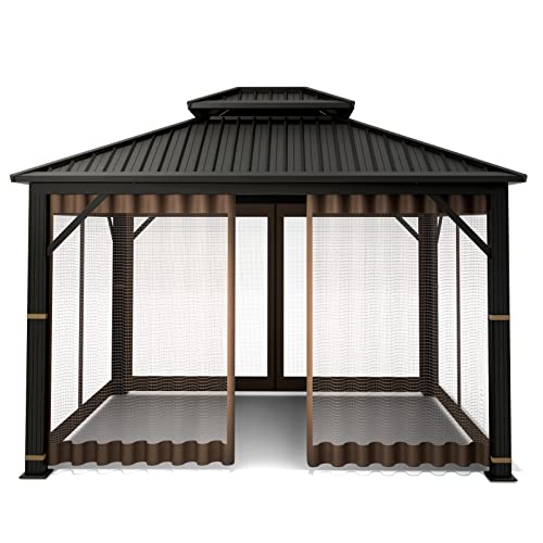 Gazebo Universal Replacement Mosquito Netting β Hugline 10' x 12' Outdoor Mesh Netting Screen 4-Panel Sidewall Curtain with Zipper (Brown)