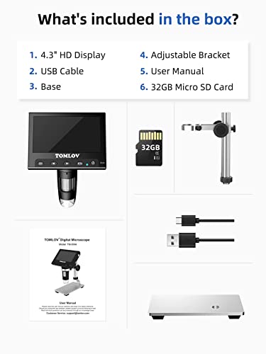 TOMLOV DM4 Coin Microscope 1000X with 4.3" Screen, 720P LCD Microscope with Metal Stand, 8 Adjustable LED Lights, PC View for Kids Adults, Windows Compatible, 32GB TF Card Included