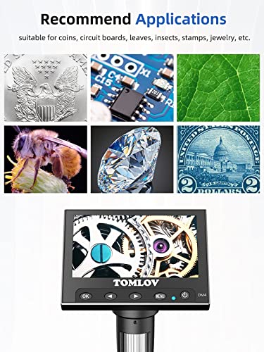 TOMLOV DM4 Coin Microscope 1000X with 4.3" Screen, 720P LCD Microscope with Metal Stand, 8 Adjustable LED Lights, PC View for Kids Adults, Windows Compatible, 32GB TF Card Included