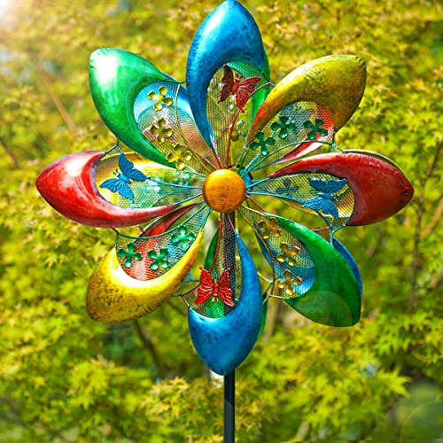 Sowsun Extra Large Wind Spinner Outdoor Metal Yard Sculpture, 24" Dia 71" Tall Garden Spinner with Colorful Flower Blades, Dual Rotors Wind Sculpture for Outdoor, Patio, Yard Art, Garden Decoration