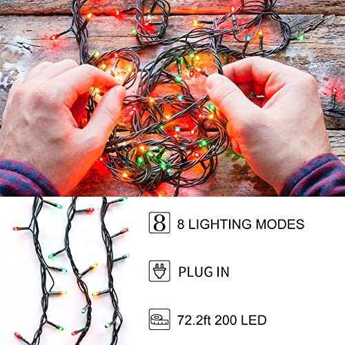 Attmu 72.2ft Christmas Lights, 8 Modes String Lights Outdoor Fairy Lights, 200 LED Waterproof Christmas Decorations for House Home Christmas Tree Valentines Lights Indoor Garden Holiday