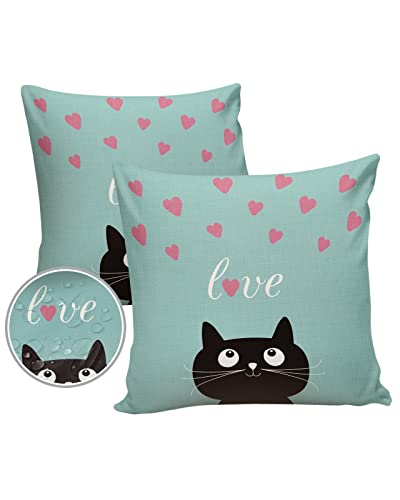 Outdoor Waterproof Pillow Covers for Patio Furniture Lovely Cat and Heart Decorative Throw Pillow Cover Cartoon Heart Design Pattern Pillowcases Set of 2 Cushion Case for Sofa Couch Chair 16x16 in