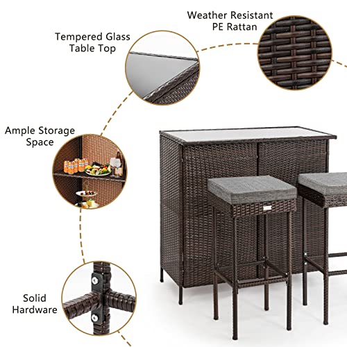 Bonnlo 3PCS Wicker Patio Bar Set with Stools and Glass Top Table Outdoor Furniture Bar Set with Storage for Lawn Pool Backyard Garden, Front Porch(Grey)