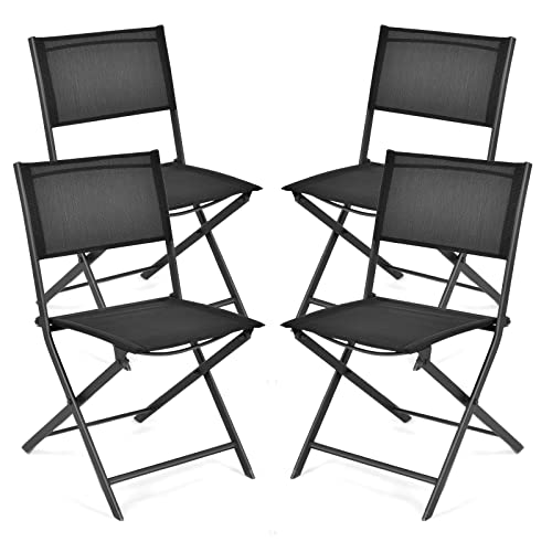 Tangkula Patio Folding Chairs Set of 4, Outdoor Portable Camping Chairs with Breathable Fabric Backrest & Seat, Heavy Duty Steel Dining Chairs Sling Chairs for Poolside, Yard, Garden, Deck, Lawn