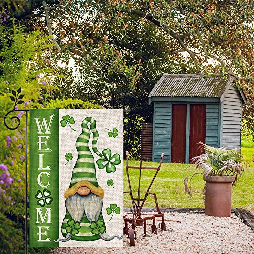 CROWNED BEAUTY St Patricks Day Garden Flag Gnome Shamrock Welcome 12×18 Inch Double Sided Green Clover Small Outside Vertical Holiday Yard Decor