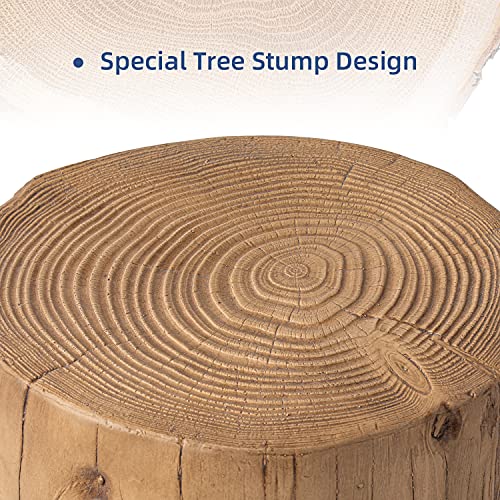 HOMPUS Concrete Outdoor Side Table Tree Stump Modern Round Coffee Table Accent Table Plant Stand Faux Wood End Table Garden Stool for Patio,Home Decor, Living Room(Light Oak)