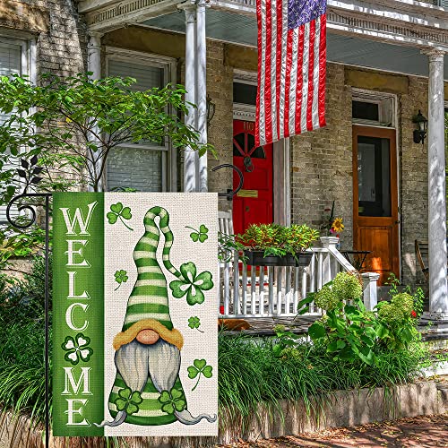CROWNED BEAUTY St Patricks Day Garden Flag Gnome Shamrock Welcome 12×18 Inch Double Sided Green Clover Small Outside Vertical Holiday Yard Decor