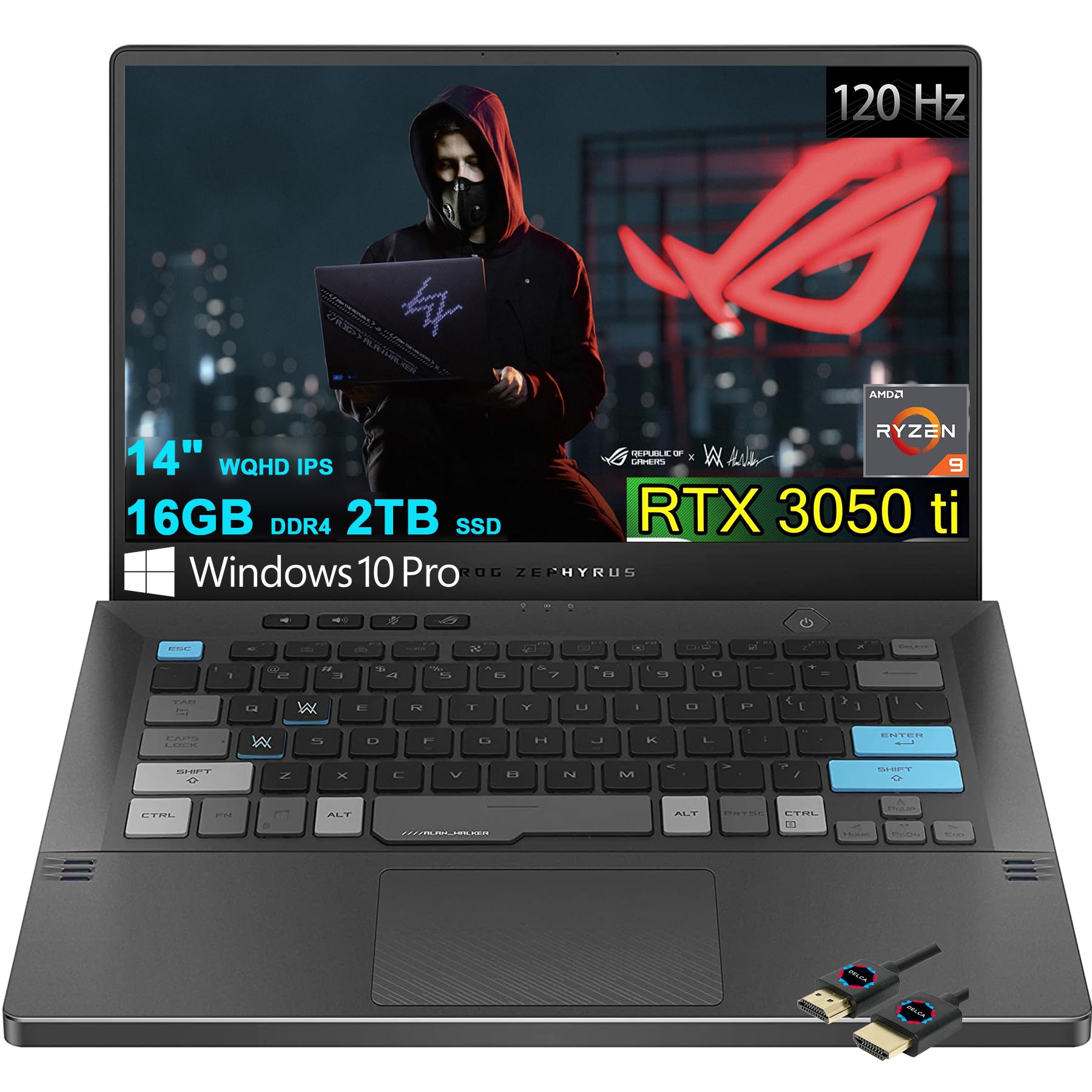 ASUS ROG Zephyrus G14 Alan Walker SE Gaming Laptop | 14" WQHD 120Hz | AMD 8-Core Ryzen 9 5900HS (>i7-10370H) | 16GB DDR4 2TB SSD | GeForce RTX3050Ti 4GB | Backlit USB-C Win10Pro + HDMI Cable