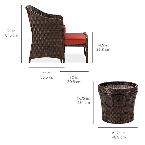 Best Choice Products 5-Piece Outdoor Patio Furniture Set, No Assembly Required Wicker Conversation Bistro & Storage Table for Backyard, Porch, Balcony w/Space-Saving Design - Brown/Red