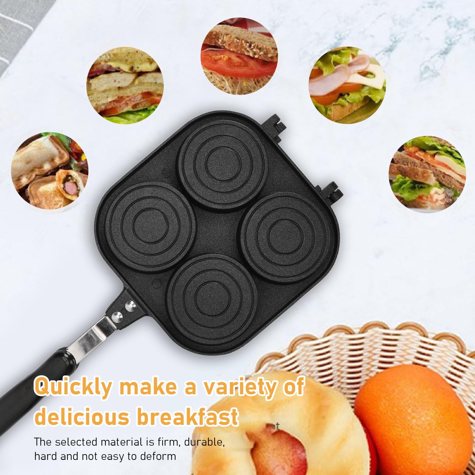 Fockety Double Sided Frying Pan, Sandwich Pancake Pan Non Stick Pan, Easy to Flip Pan with Anti Burn Handle, Grill Pan for Barbecue Grill Pot, Double Pan for Omelets, Wheel Pie Bread Egg