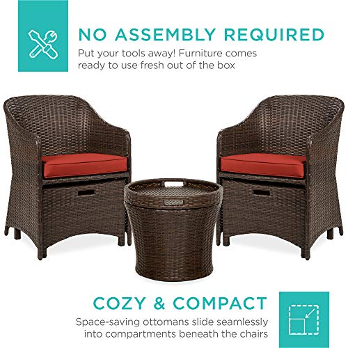 Best Choice Products 5-Piece Outdoor Patio Furniture Set, No Assembly Required Wicker Conversation Bistro & Storage Table for Backyard, Porch, Balcony w/Space-Saving Design - Brown/Red