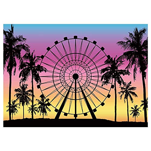 Funnytree 7x5FT Summer Seaside Ferris Wheel Photography Backdrop Palm Tree Sunset Background Baby Shower Tropical Wedding Party Decoration Banner Supplies Photobooth Prop