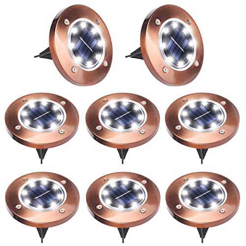 JHBOX Solar Pathway Lights, 8 LED Outdoor Waterproof Landscape Path Solar Ground Lights, Disk Lights for Path, Garden, Driveway, Winter Holiday Decor Christmas Lights (Cold White Light, 8 Pack)