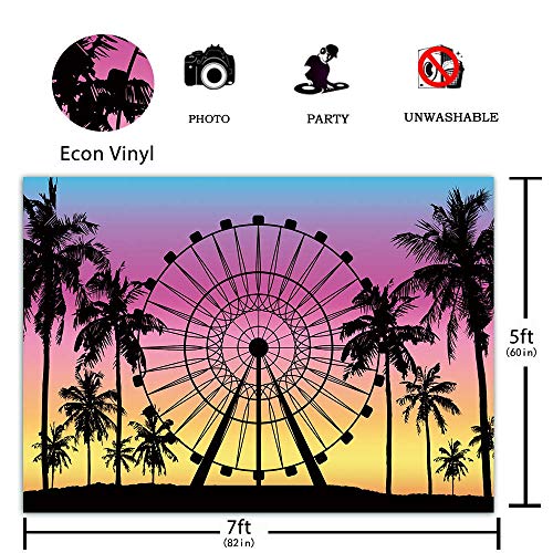 Funnytree 7x5FT Summer Seaside Ferris Wheel Photography Backdrop Palm Tree Sunset Background Baby Shower Tropical Wedding Party Decoration Banner Supplies Photobooth Prop