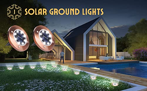 JHBOX Solar Pathway Lights, 8 LED Outdoor Waterproof Landscape Path Solar Ground Lights, Disk Lights for Path, Garden, Driveway, Winter Holiday Decor Christmas Lights (Cold White Light, 8 Pack)