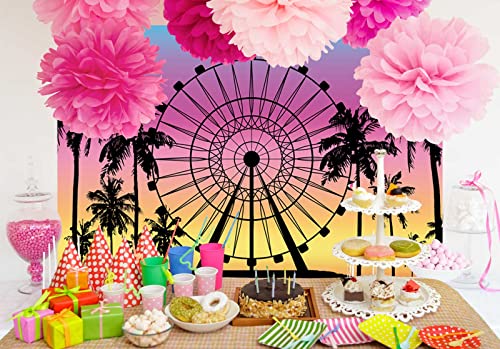 Funnytree 7x5FT Summer Seaside Ferris Wheel Photography Backdrop Palm Tree Sunset Background Baby Shower Tropical Wedding Party Decoration Banner Supplies Photobooth Prop