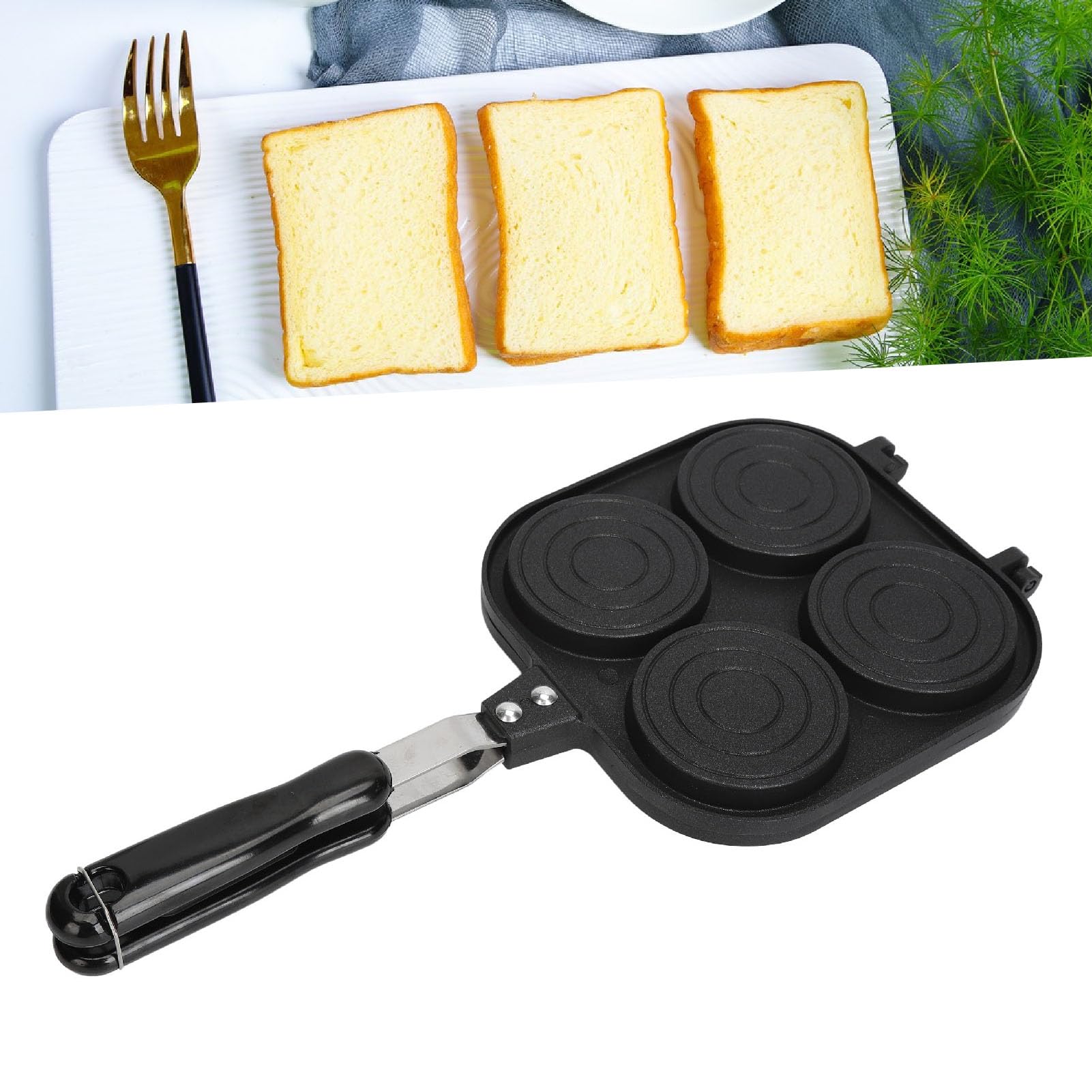 Fockety Double Sided Frying Pan, Sandwich Pancake Pan Non Stick Pan, Easy to Flip Pan with Anti Burn Handle, Grill Pan for Barbecue Grill Pot, Double Pan for Omelets, Wheel Pie Bread Egg