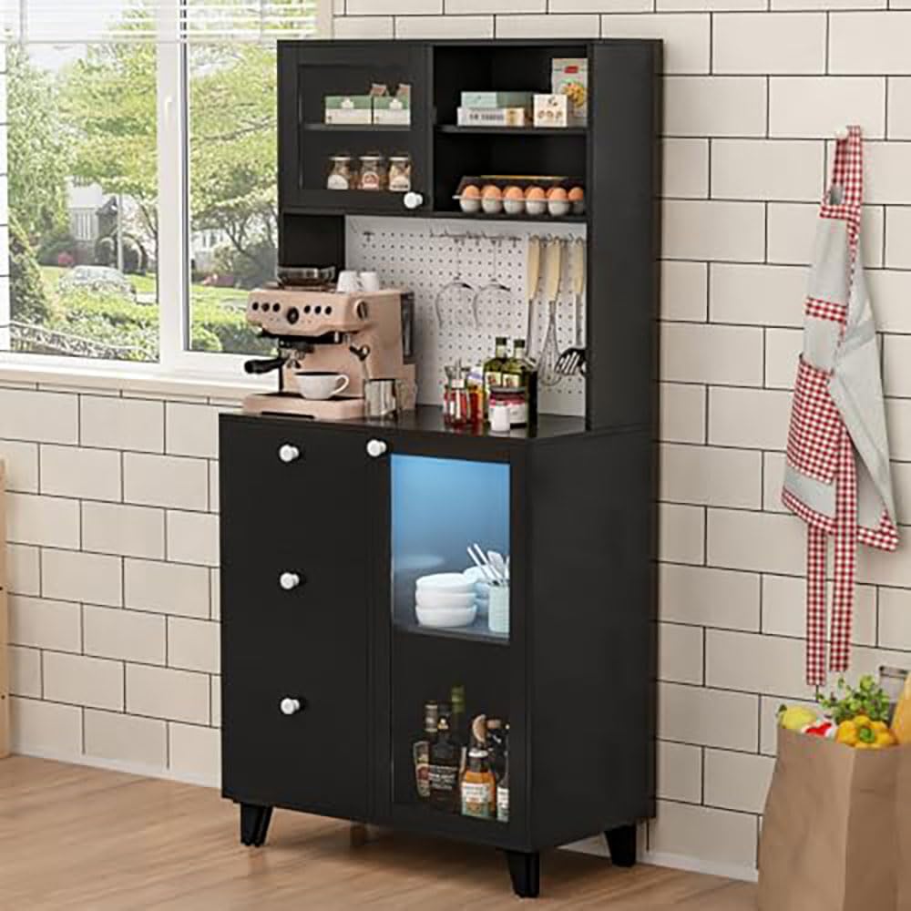 COCO DESIGN Bar Cabinet with Microwave Shelf, Wine Cooler with Wall Plate and 10 Hooks and LED Lights, 3 Drawers and Glass Door Storage for Home Kitchen, Dining Room, Black