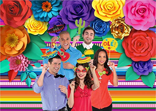 Mexican Theme Party Striped Backdrop Fiesta Cinco De Mayo Paper Flowers Background Party Decoration for Cake Table Decor Photo Booth 7X5FT 071
